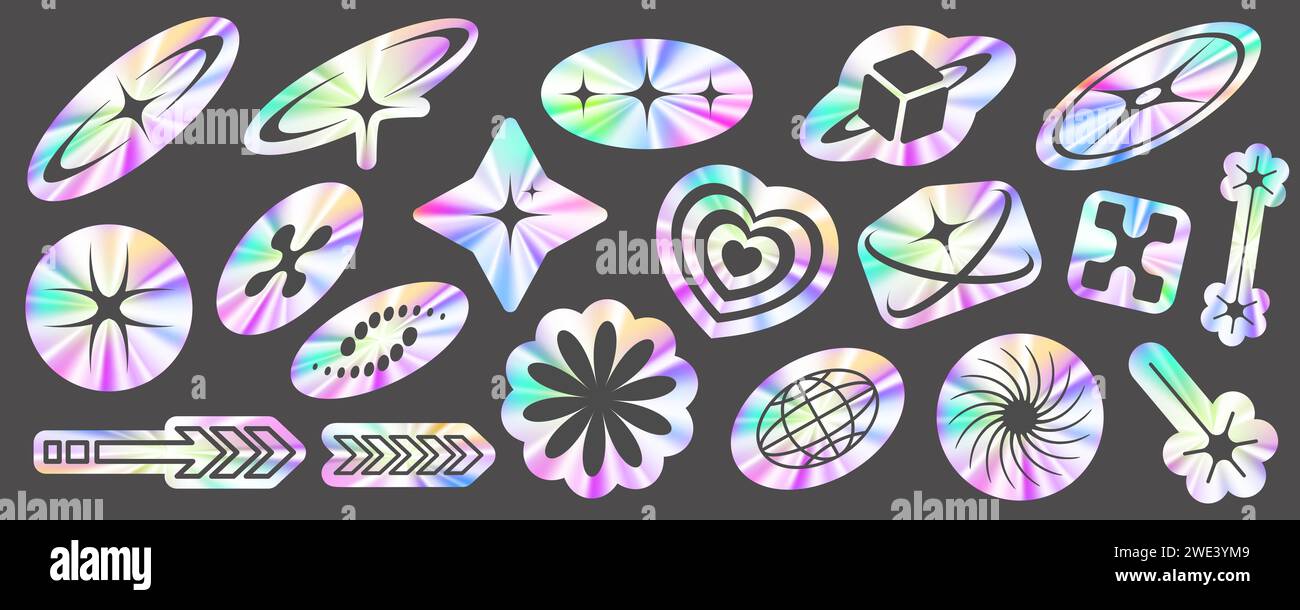 Y2k holographic stickers set. Retro gradient foil shapes and futuristic ...