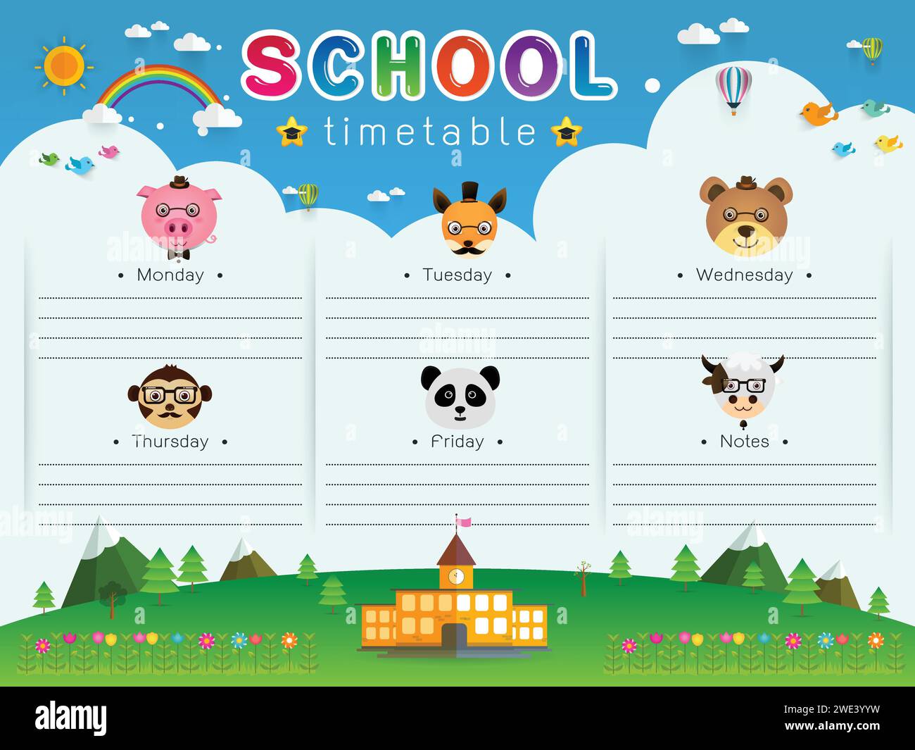 background frame design of School Timetable with animal head, Schedule ...