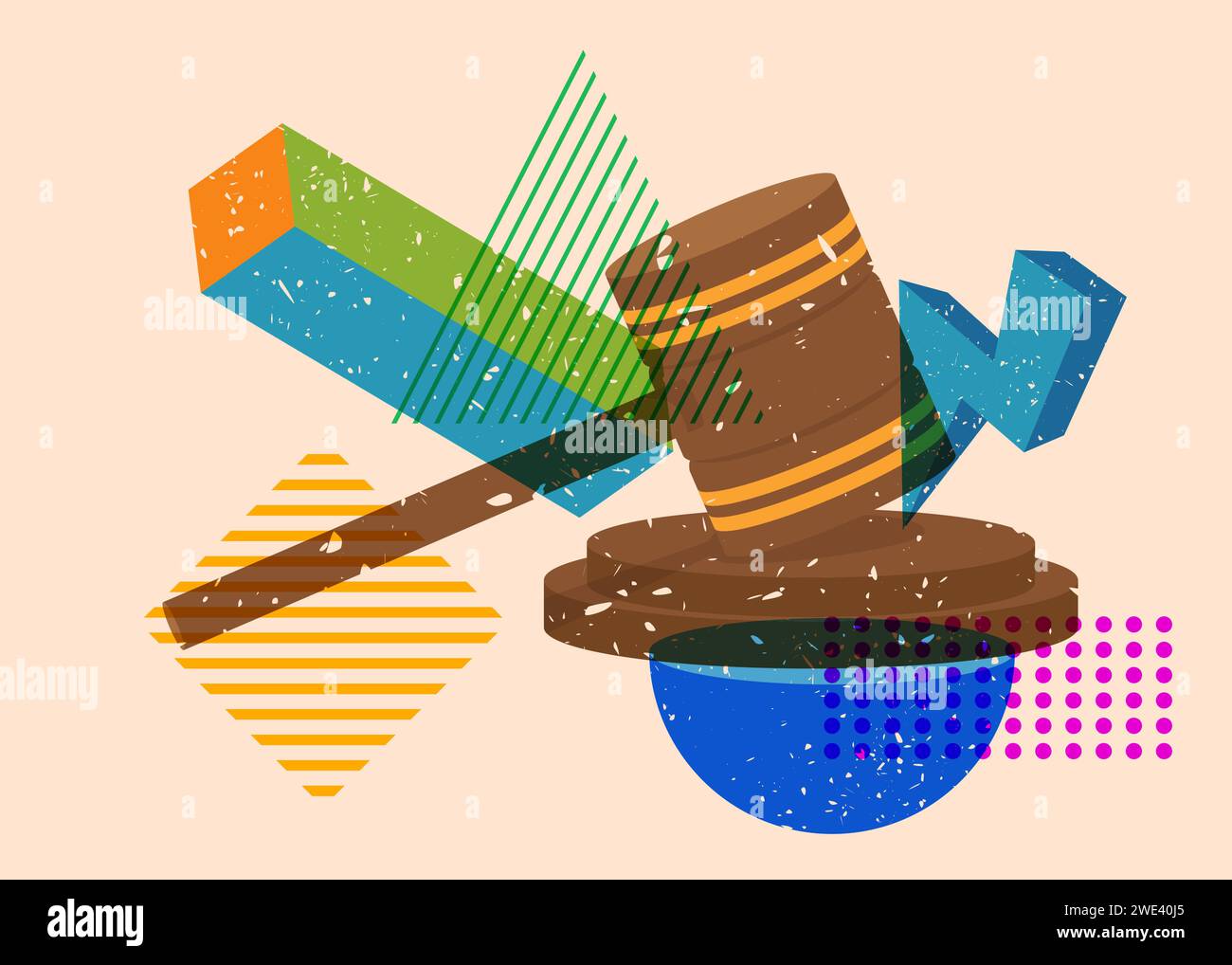 Risograph Gavel with geometric shapes. Objects in trendy riso graph ...