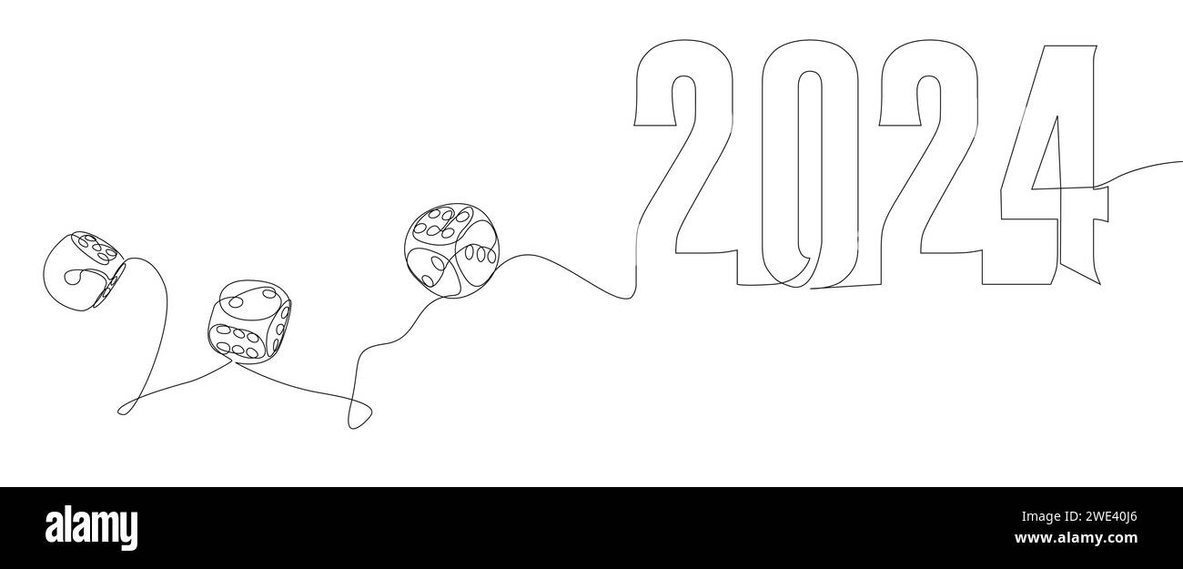 One continuous line of dice with number 2024. Thin Line Illustration ...