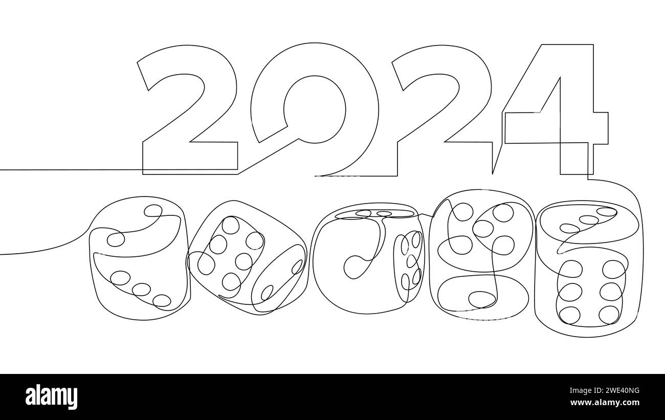 One continuous line of dice with number 2024. Thin Line Illustration ...