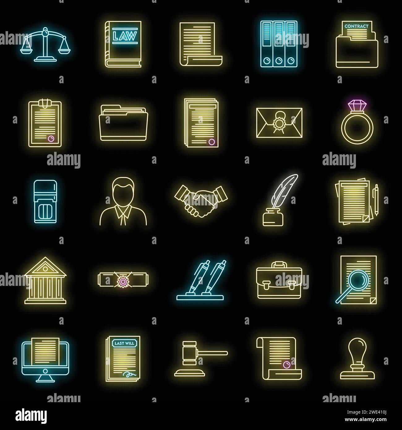 Legal notary icons set. Outline set of legal notary vector icons neon ...