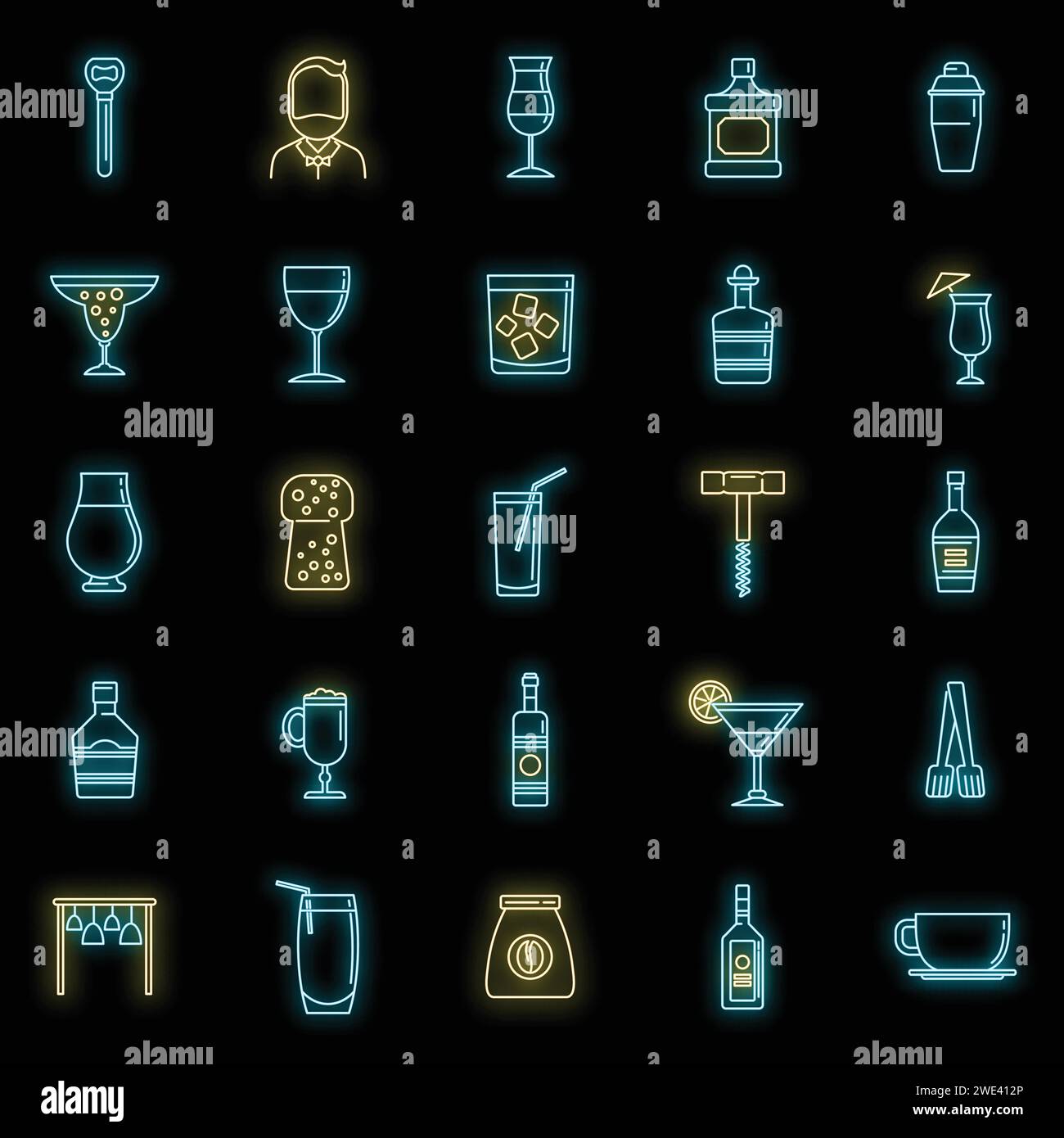 Bartender man icons set. Outline set of bartender man vector icons neon ...