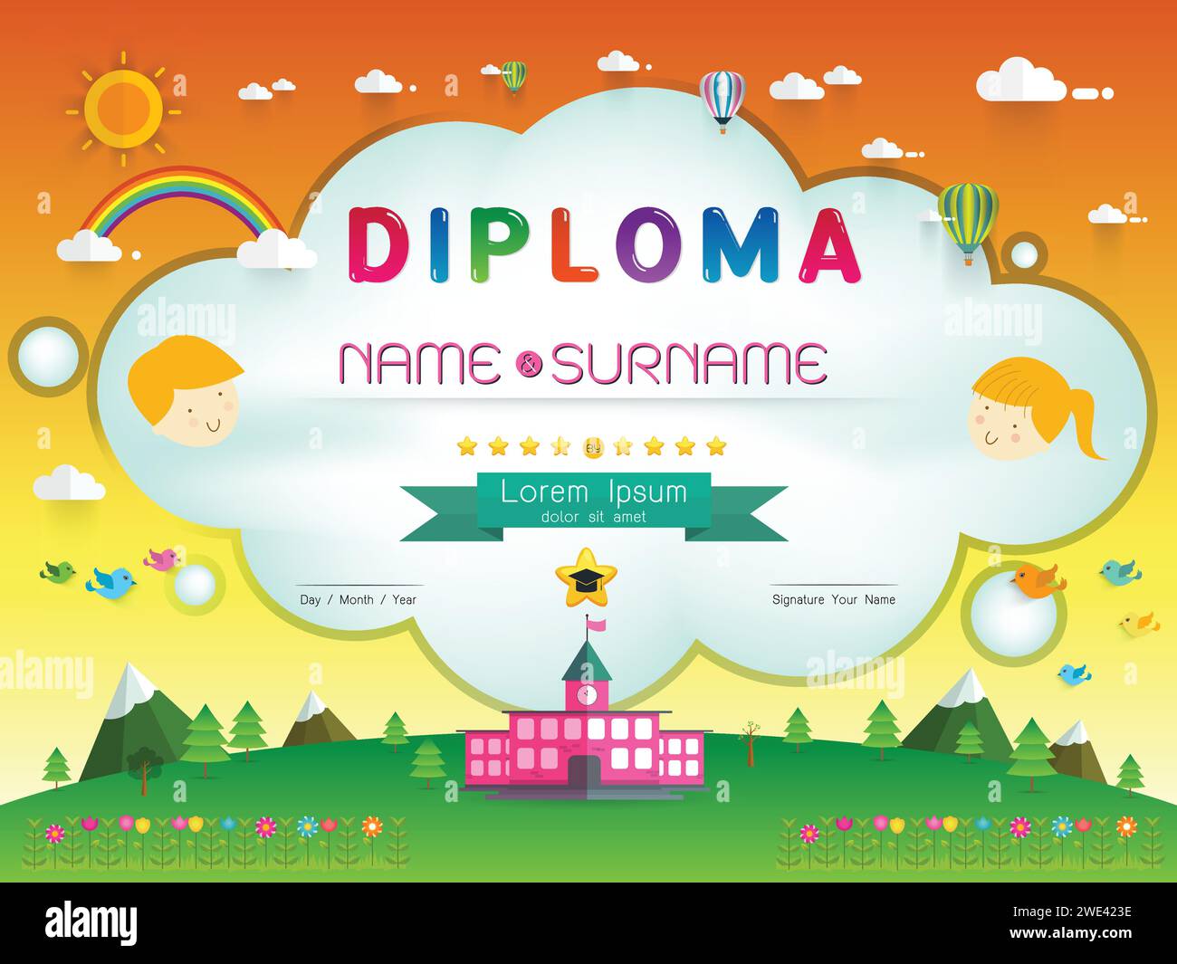 Certificate kids diploma, kindergarten template layout background frame ...