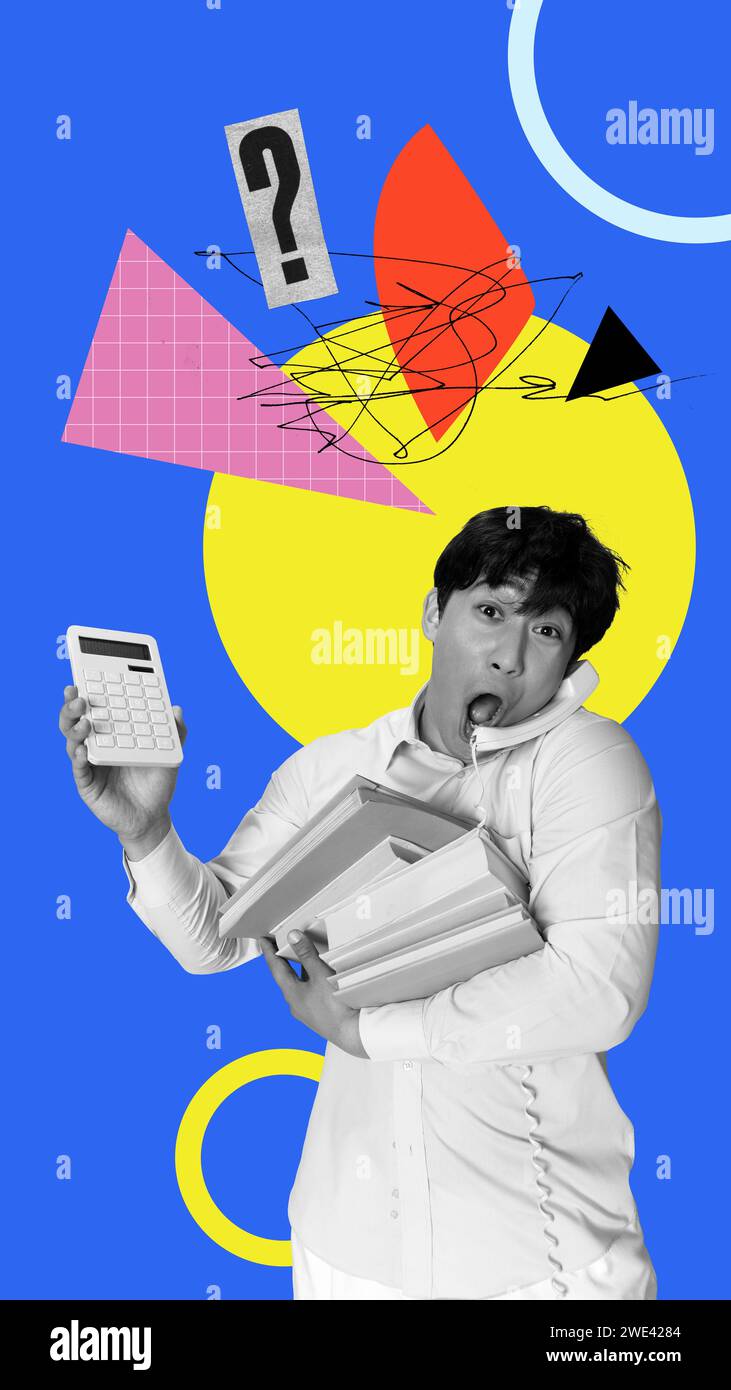 Young man, employee working, having many deadlines and unfinished tasks ...