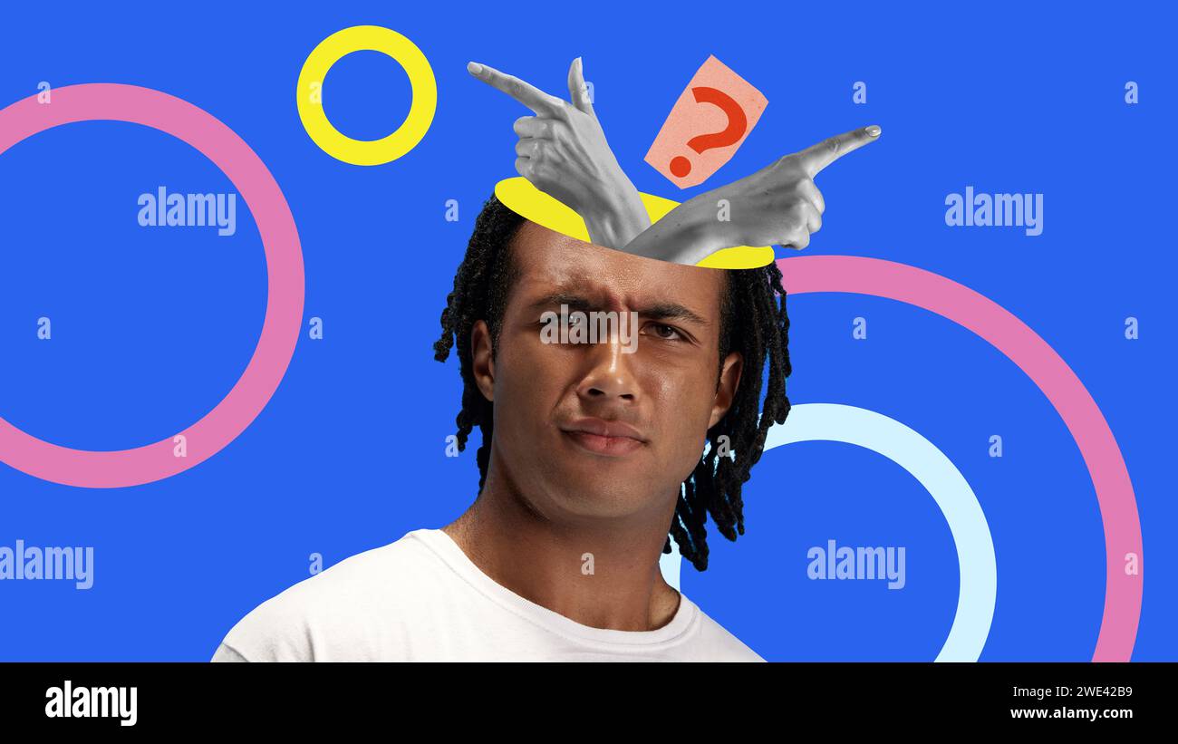 Diversity of choices. Young guy with uncertain emotions and hand ...