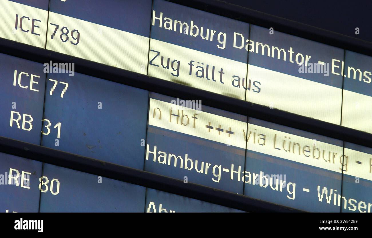 Auf einem Zugzielanzeiger im Hauptbahnhof Hamburg wird wenige Stunden ...