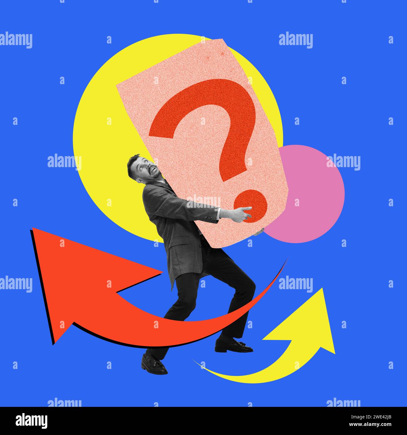 Businessman carrying heavy question mark with arrows in different ...
