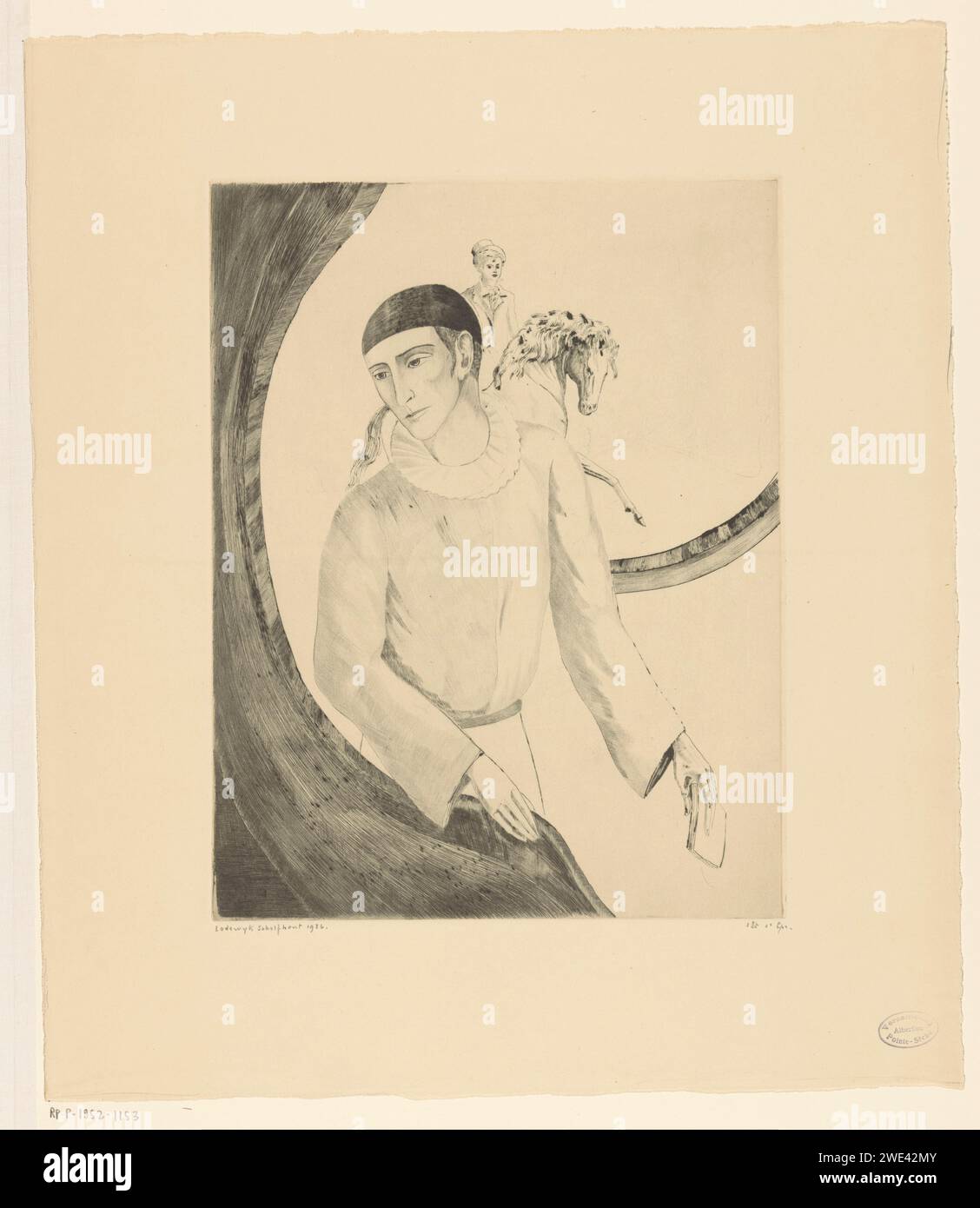 Pierrot and Ruiter on a dressage horse, Lodewijk Schelfhout, 1934 print ...