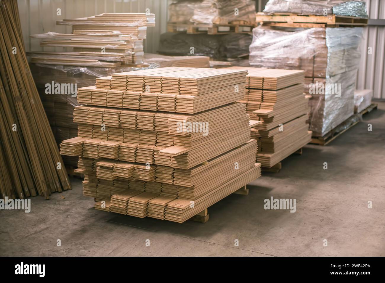 wood processing factory products stored in large warehouse Stock Photo ...