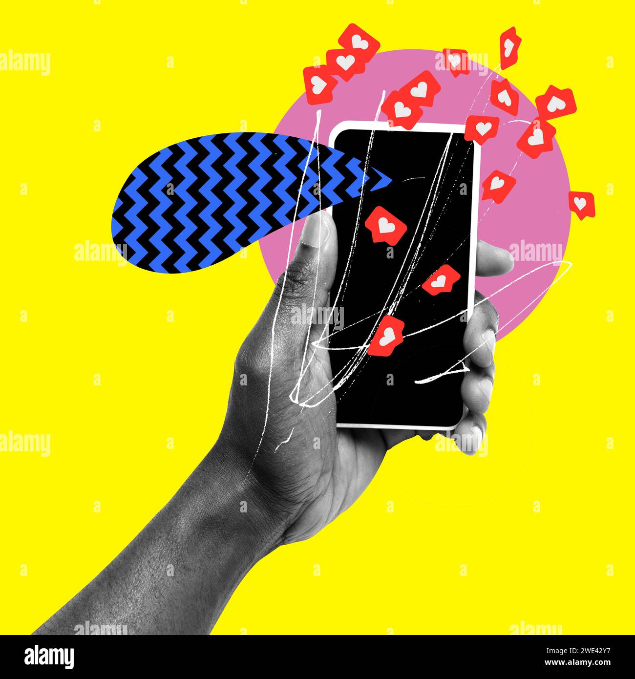 Human hand holding mobile phone with many social media likes appearing ...