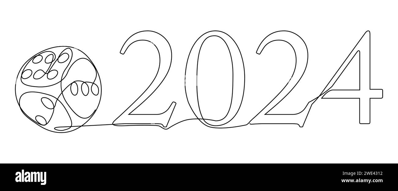 One continuous line of dice with number 2024. Thin Line Illustration ...