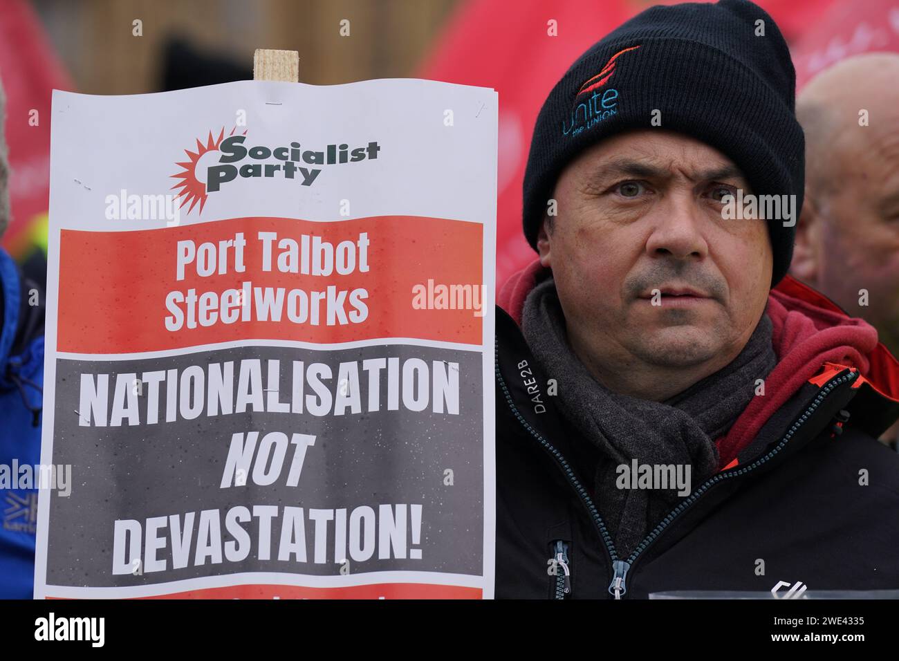 Workers from Tata's Port Talbot steelworks gather at College Green, in ...