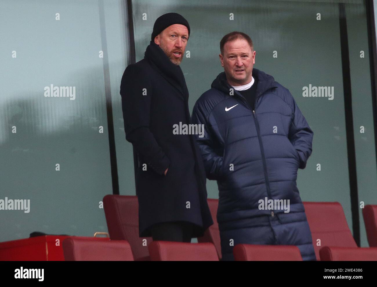 Graham Potter, English football manager watches on from the stands with ...