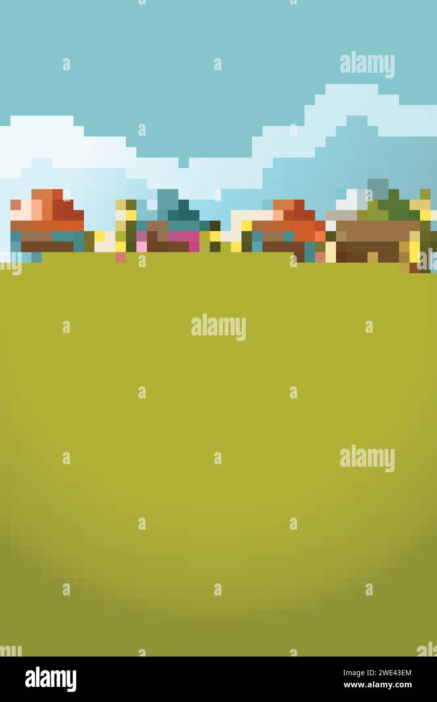 Green landscape. Freehand drawn cartoon outdoors style. Farm houses ...