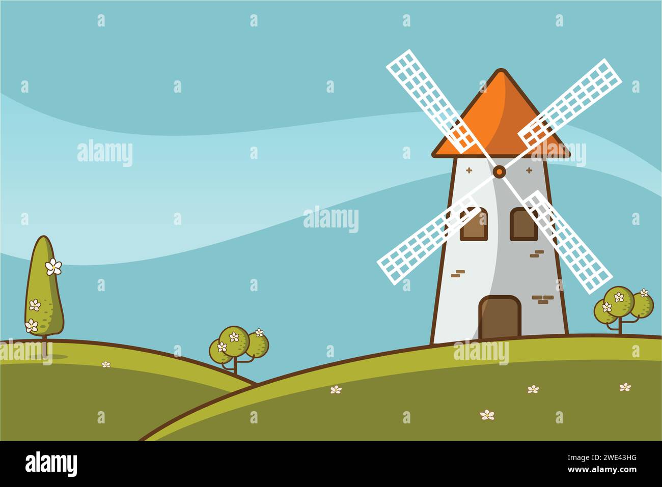 nature Landscape with a windmill cute cartoon style Vector illustration ...