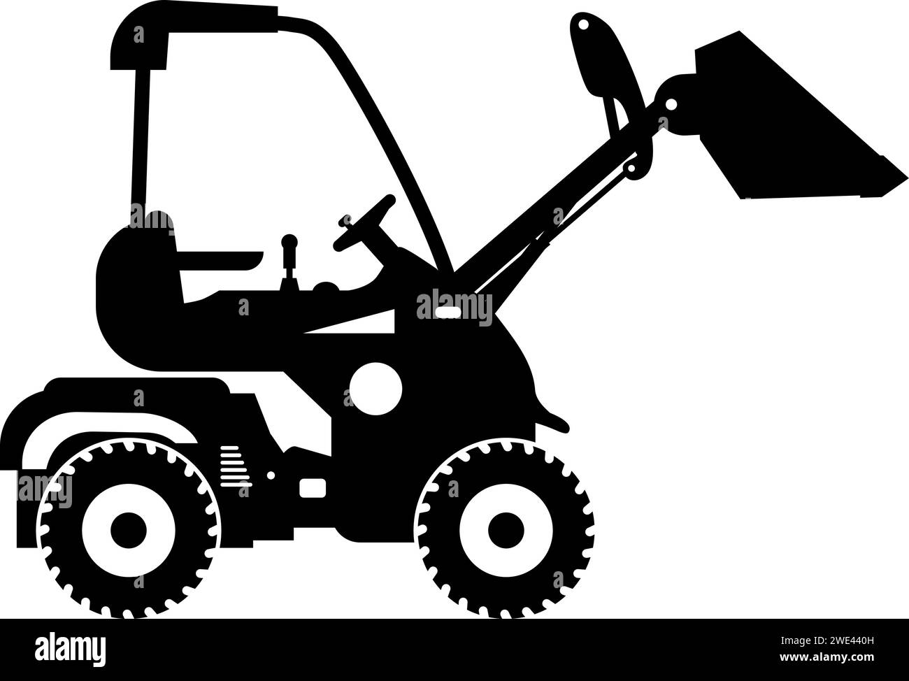 Silhouette of Compact Skid Steer Loader with Bucket and Wheels Icon in ...