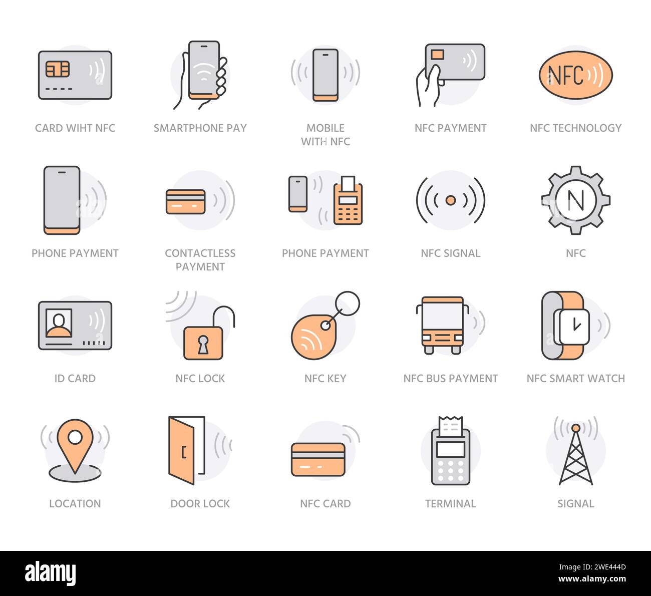 NFC line icon set. Near Field Communication technology, contactless payment, card with chip ...