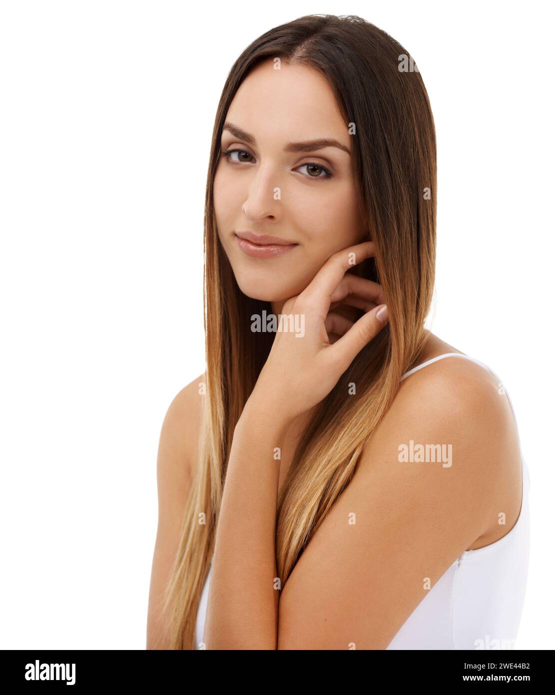 Woman, straight hair and natural beauty in portrait isolated on a white ...