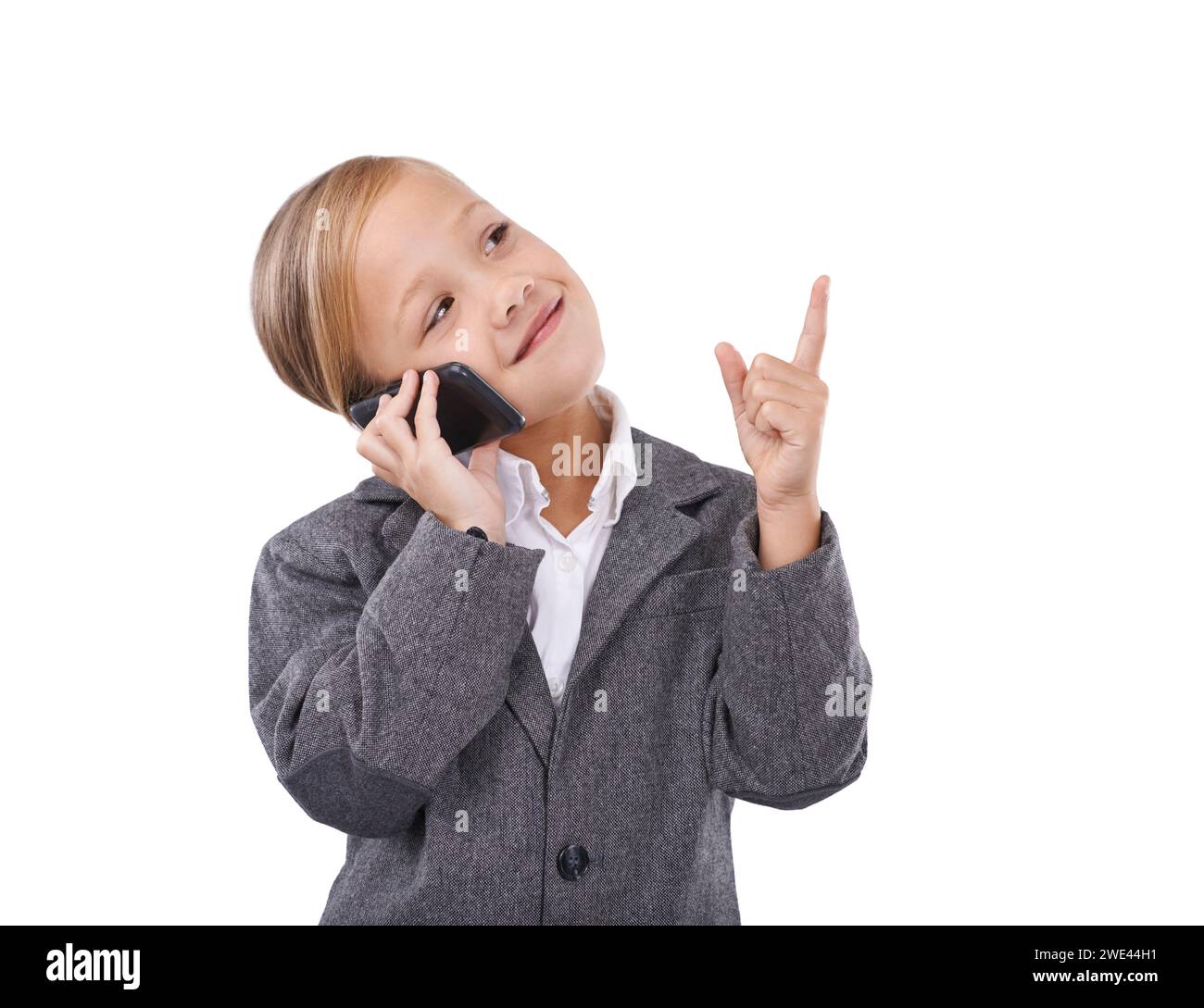 Child, phone call and business suit for play dress up in studio for ...