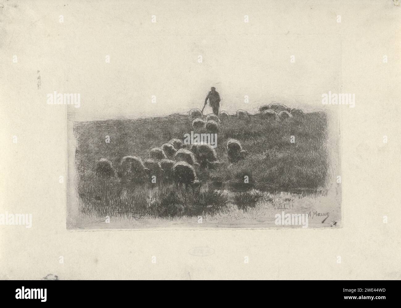 Shepherd with herd sheep, Anton Mauve, 1848 - 1888 print Sheep and in ...