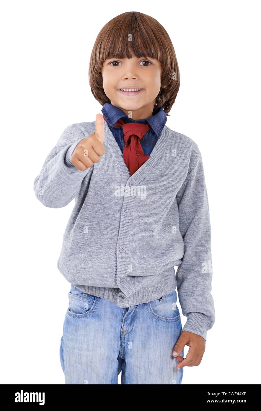 Thumbs up, happy and portrait of boy on a white background for success ...