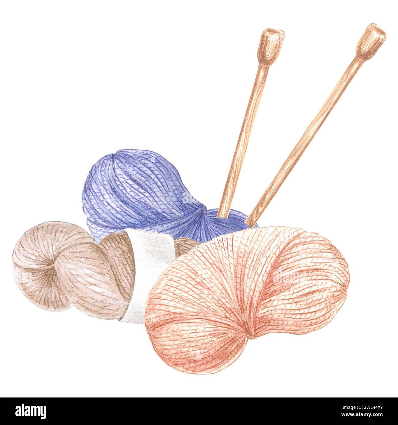 Three skeins of yarn and wooden knitting needles. Watercolor template ...