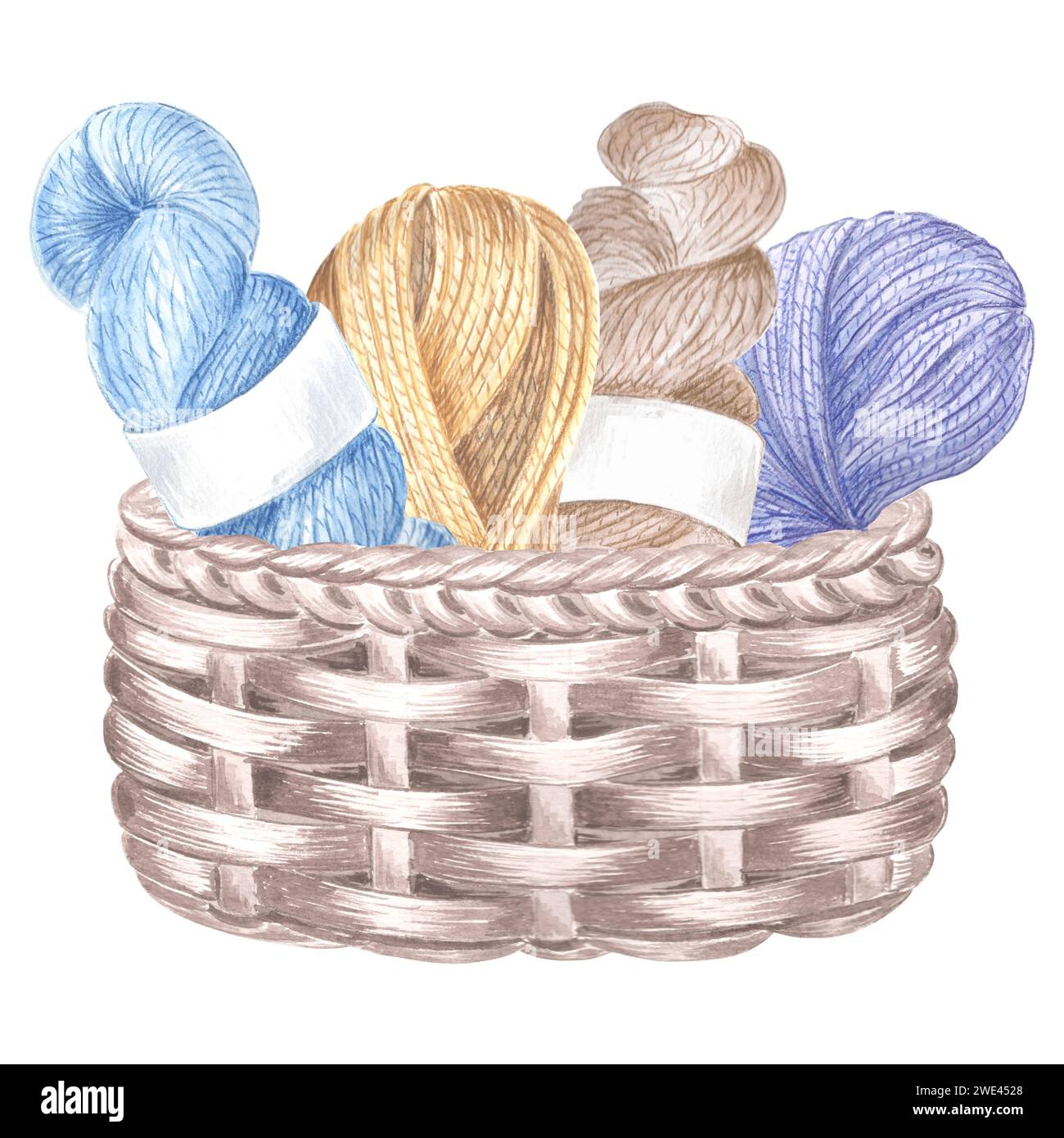 Sceins of colorful yarn and threads in wicker basket. Watercolor ...