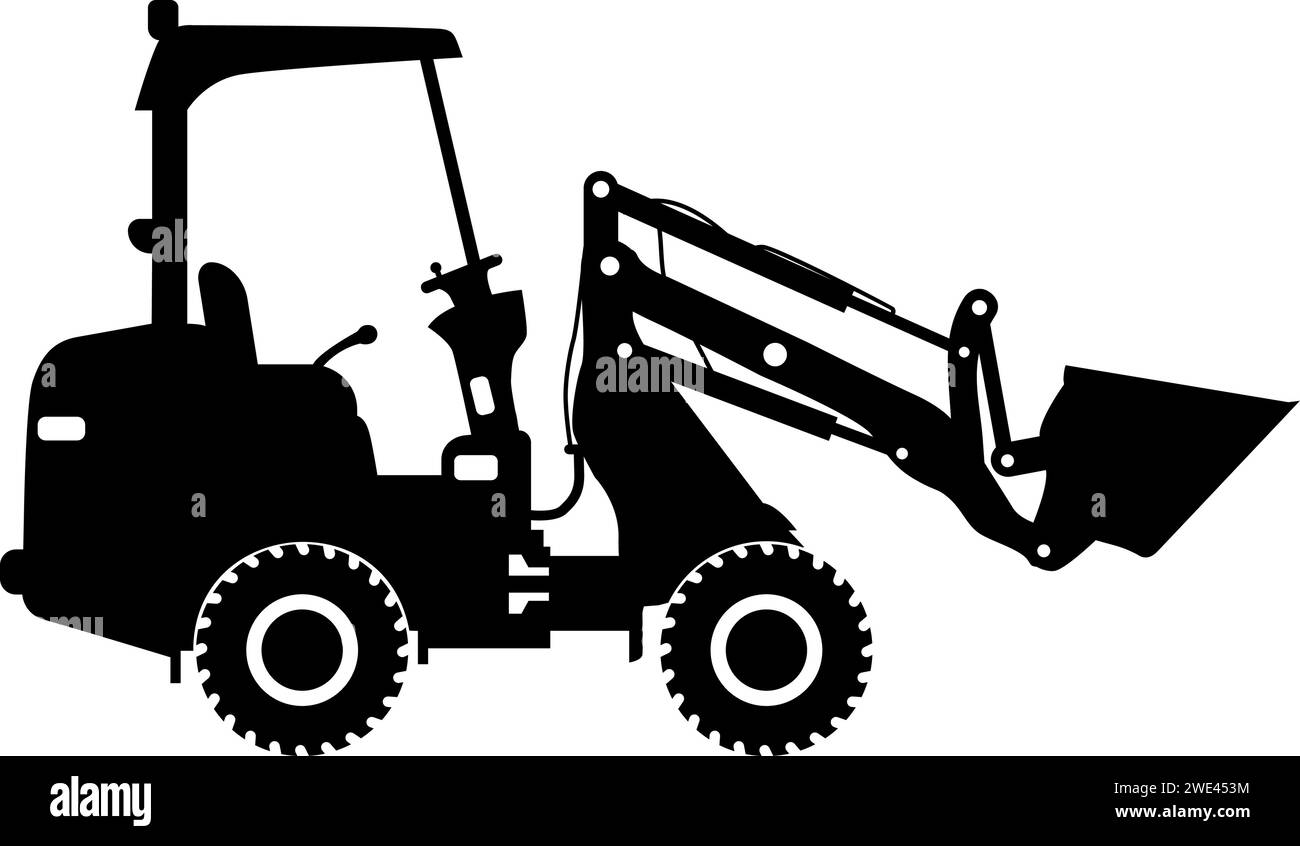 Silhouette of Compact Skid Steer Loader with Bucket and Wheels Icon in ...