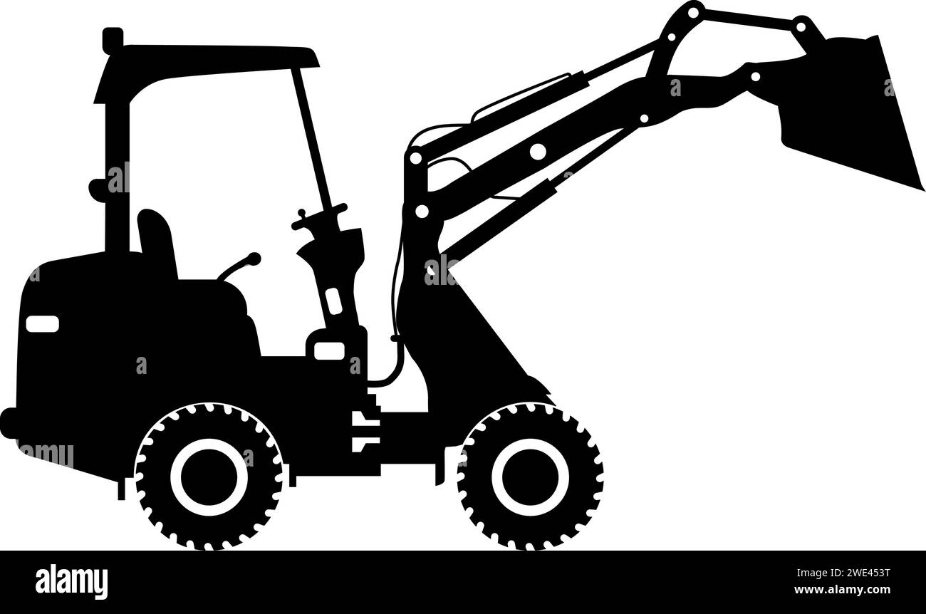 Silhouette of Compact Skid Steer Loader with Bucket and Wheels Icon in ...