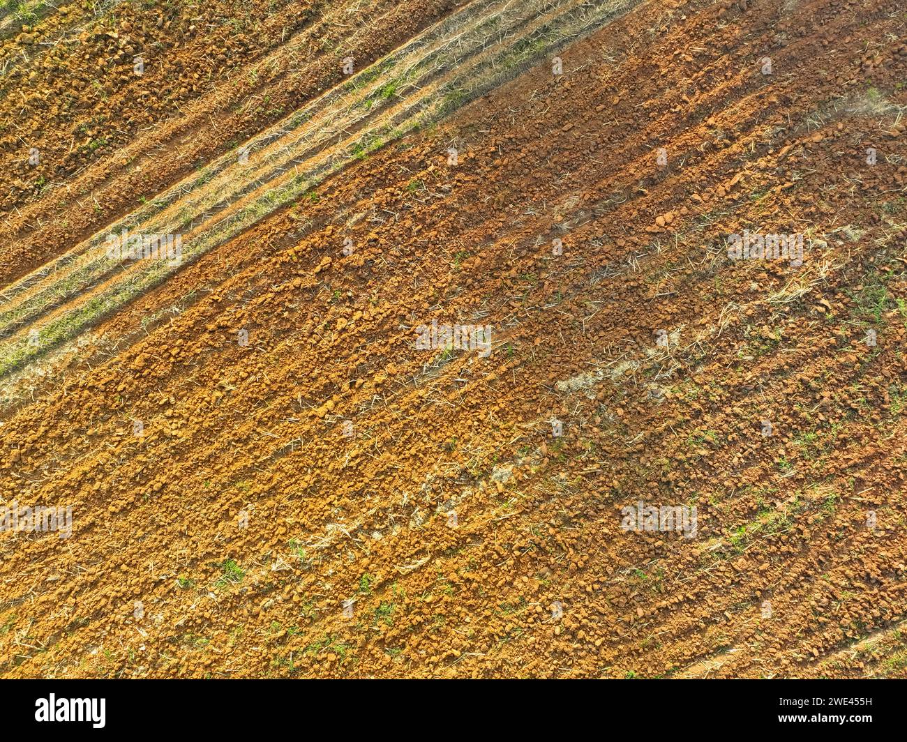 Aerial view of agriculture plowed field. Minimal tillage for healthier ...