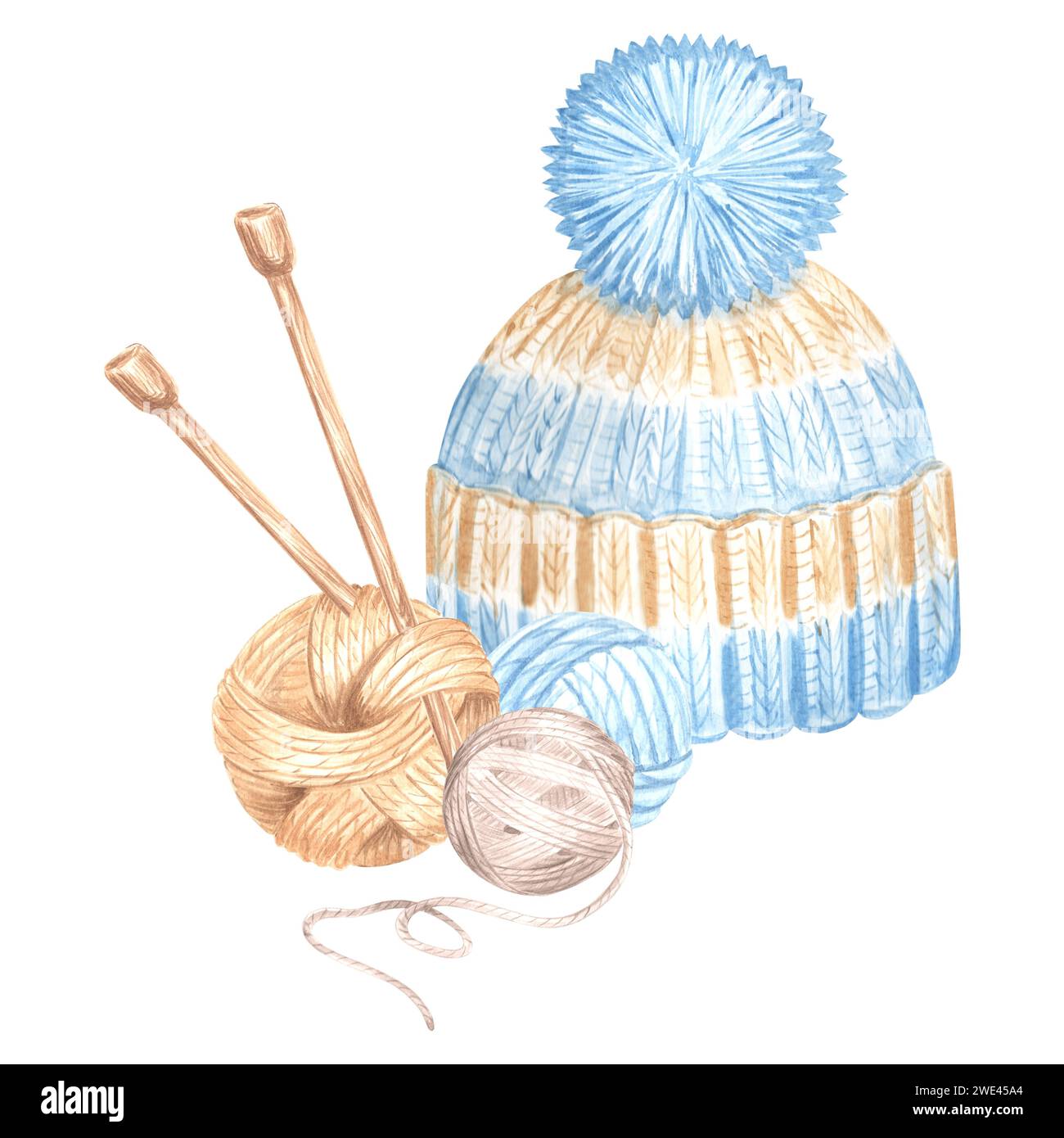 Watercolor knited hat with tangle of thread and knitting needles ...