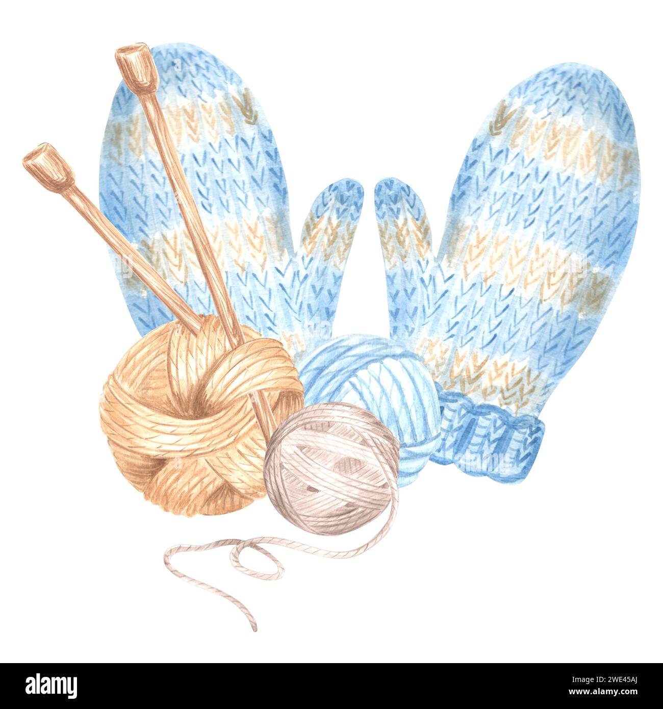 Watercolor knited mittens with tangle of thread and knitting needles ...
