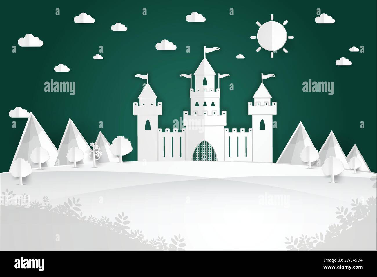 White paper castle Mountain landscape on pop up paper cut style, Vector ...