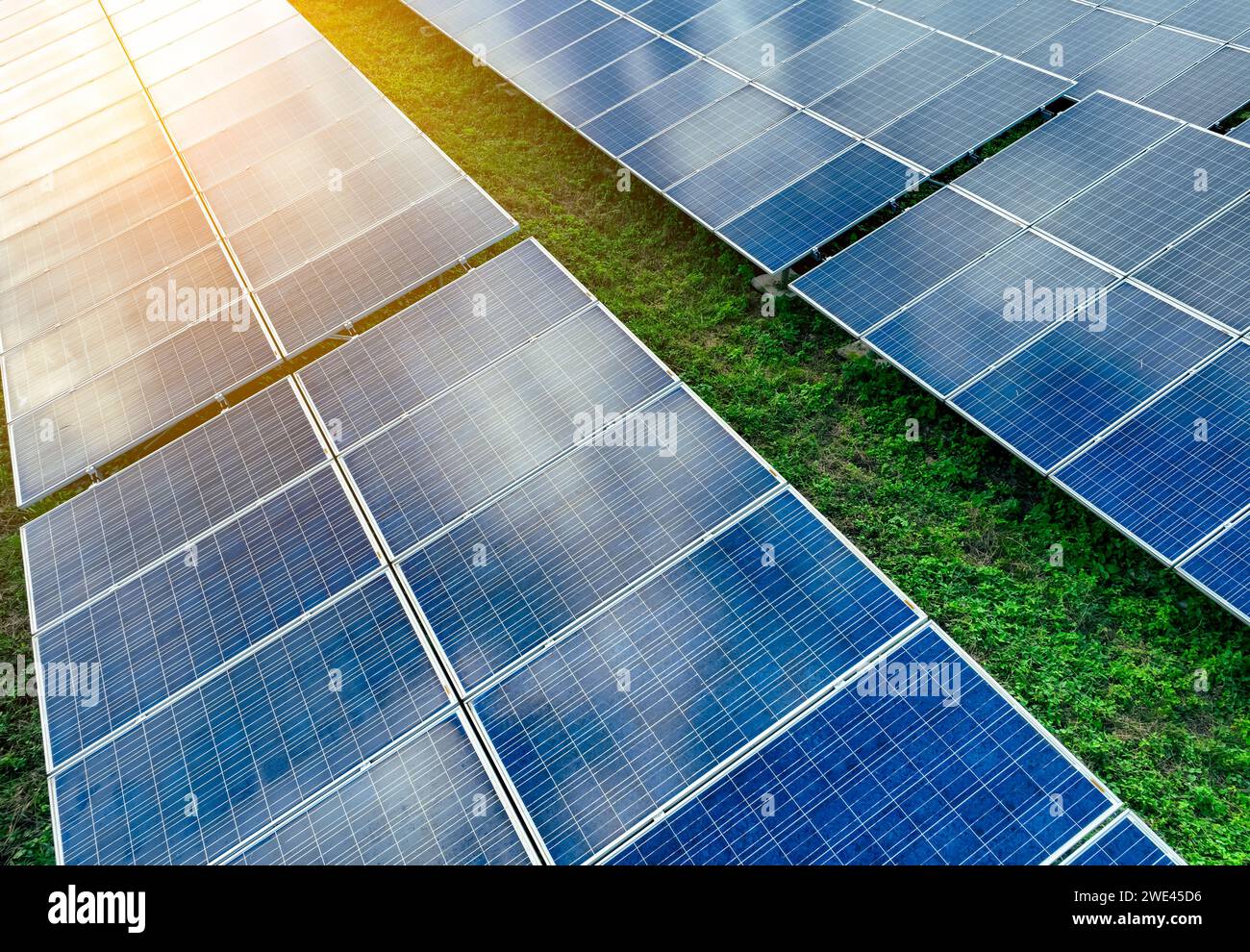 Solar farm and sun light. Solar power for green energy. Sustainable ...