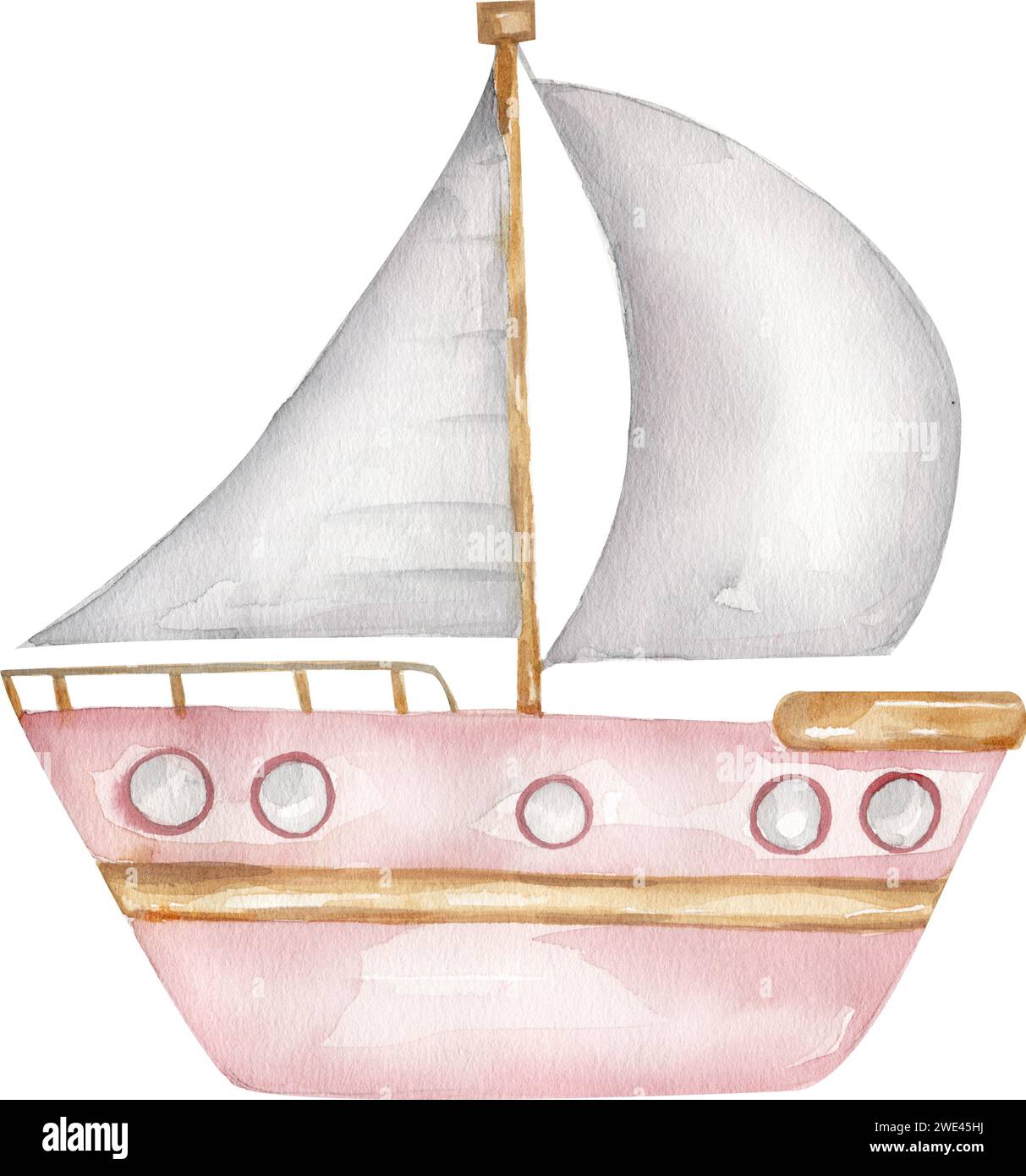 Watercolor pink sailboat illustration. Hand-drawn marine transport ...