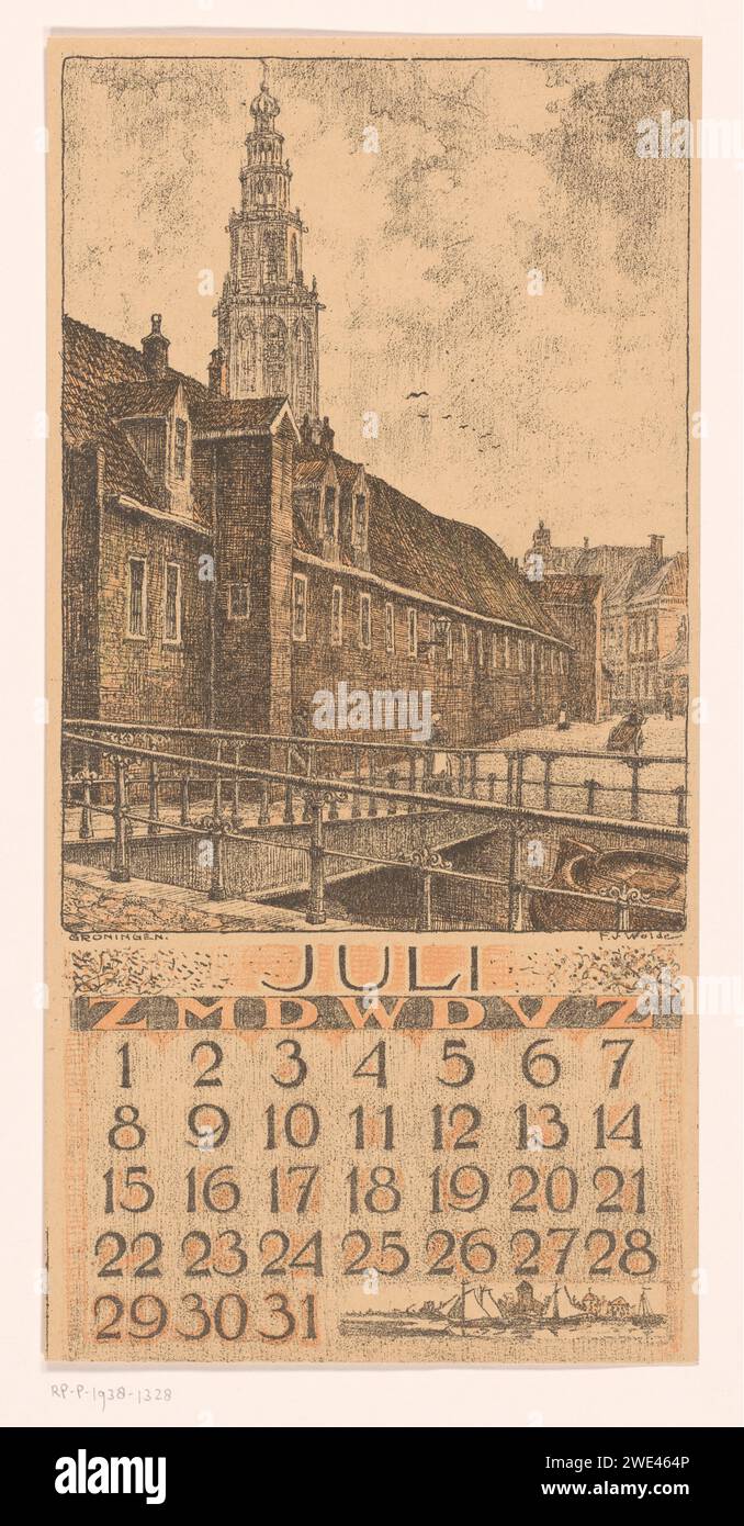 Calendar magazine July with cityscape in Groningen, Ferdinand van Wolde ...