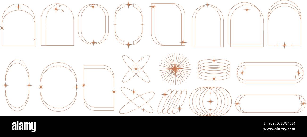 Aesthetic frame shape. Outline minimal graphic elements with stars. Abstract boho arches with ...