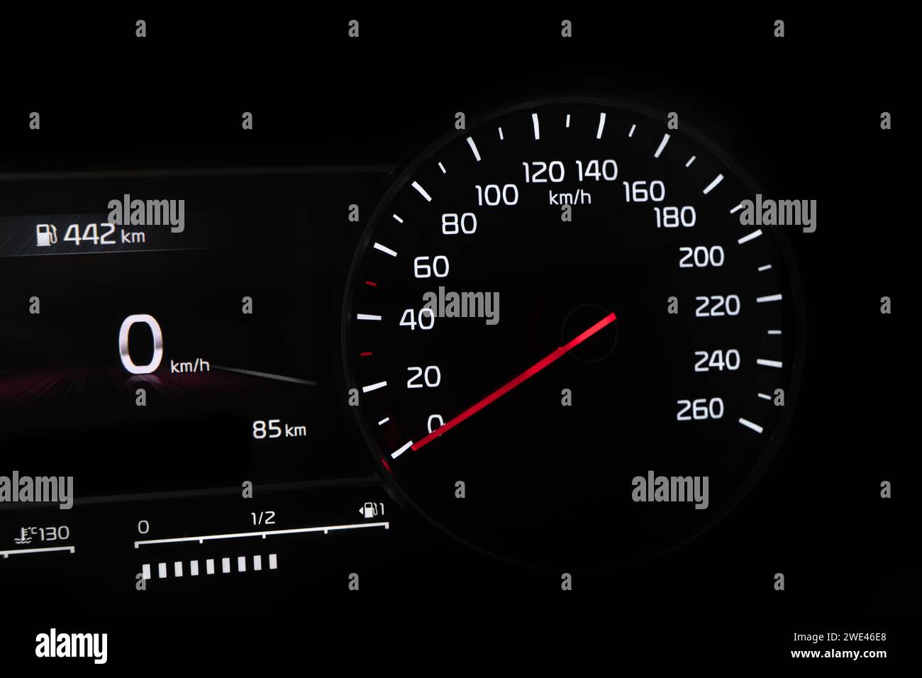 Close up shot of speedometer in car. Car dashboard. Dashboard details ...
