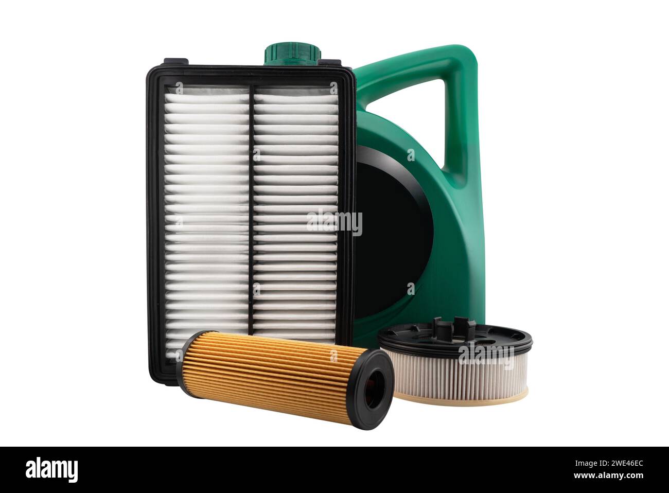 Car engine oil and filters isolated on white background. Car oil, air ...