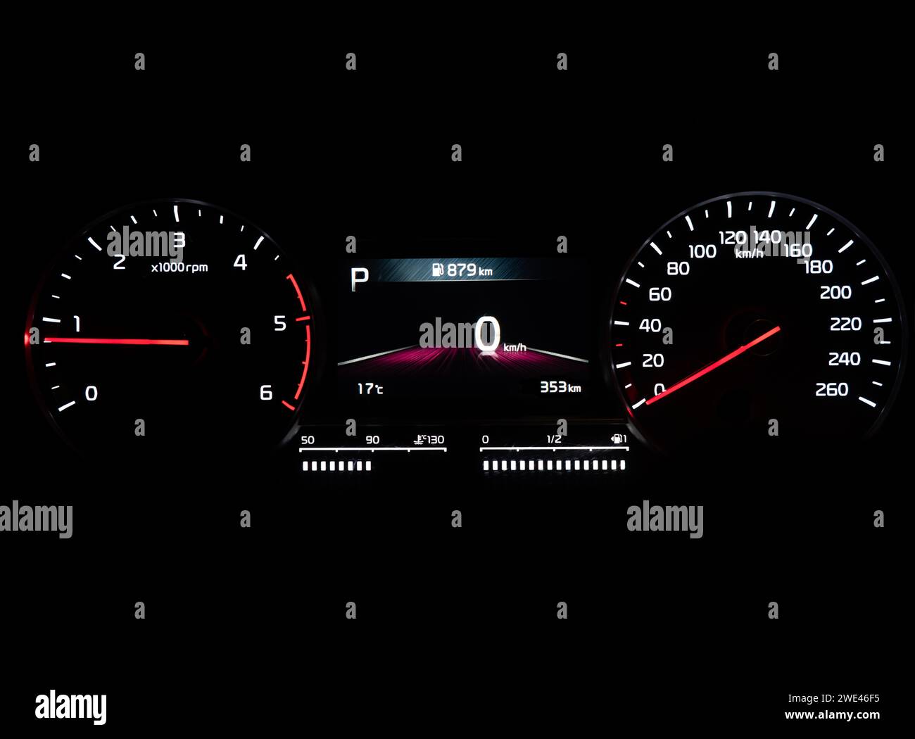 Close up shot of speedometer in car. Car dashboard. Dashboard details ...