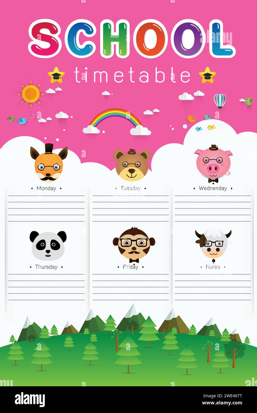 background frame design of School Timetable with animal head, Schedule ...