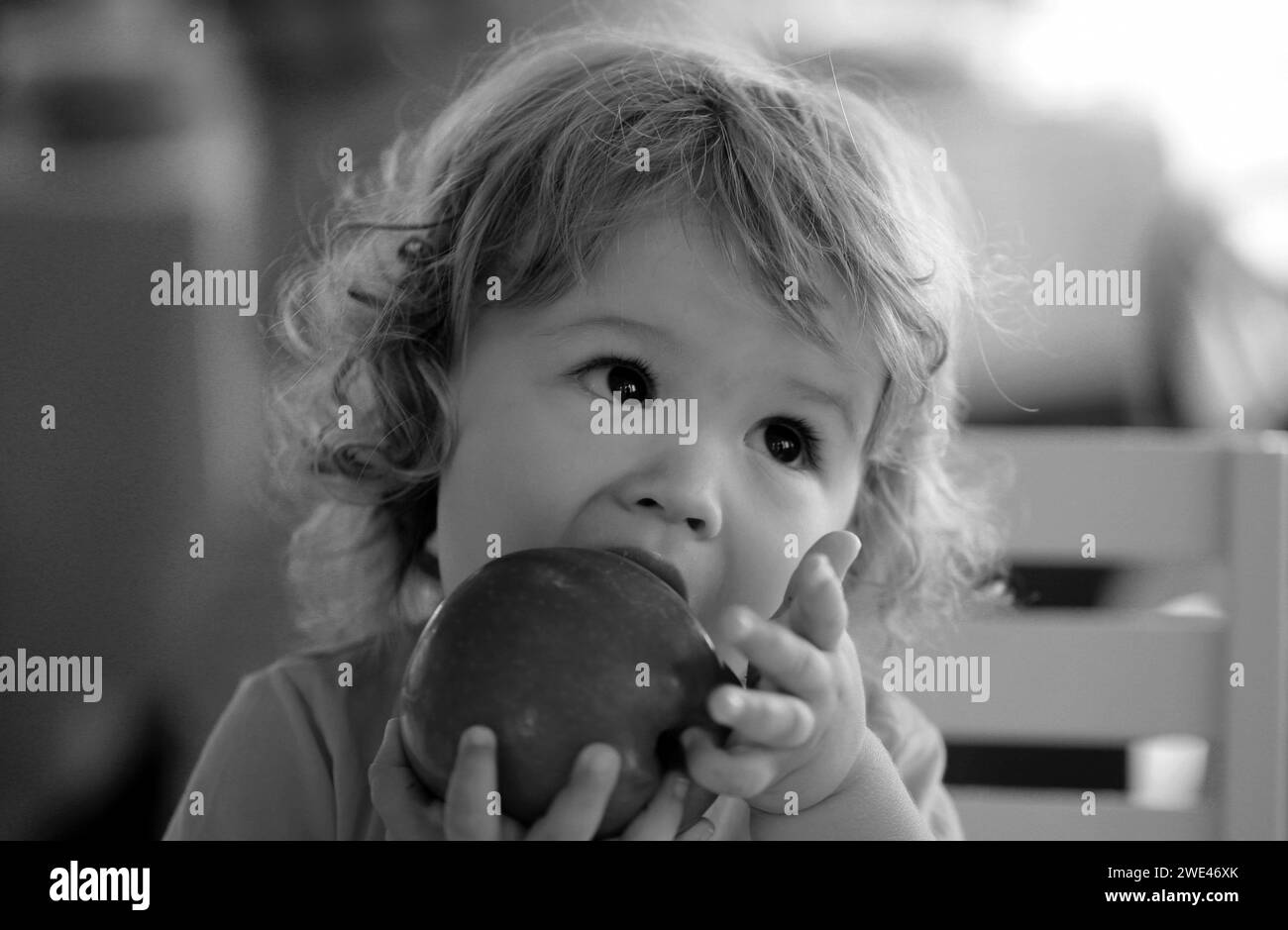 Cute baby eat apple. Portrait of cute adorable caucasian child kid ...