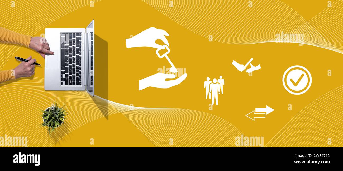 Top view of hands using laptop with symbol of business transition ...