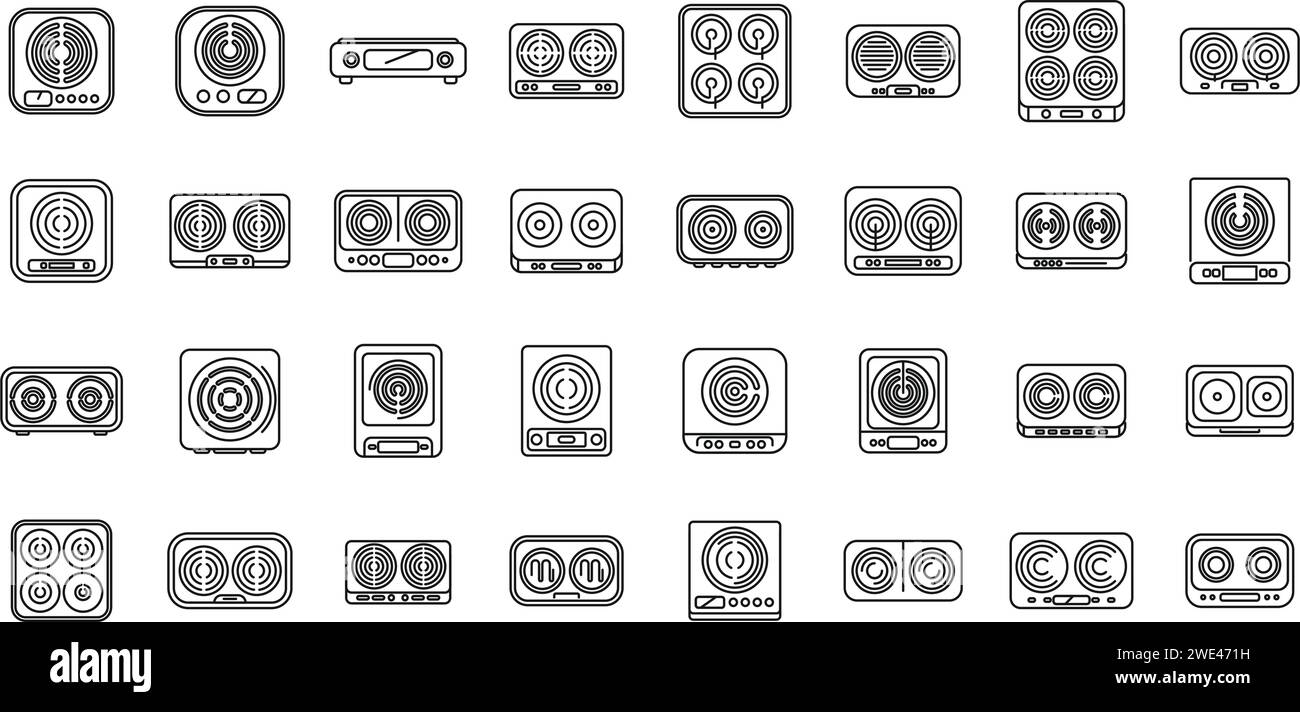 Induction cooker icons set outline vector. Cooking house. Oven stove ...