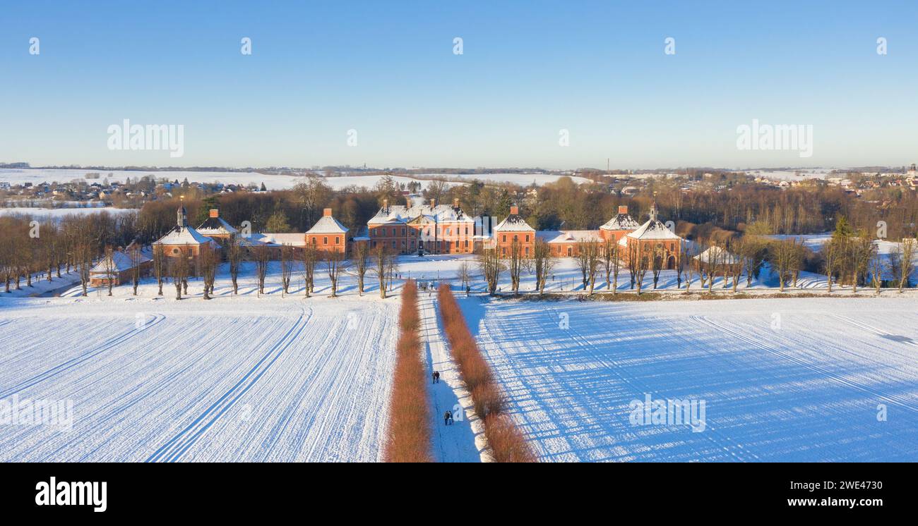 Aerial view over 18th century Schloss Bothmer, Baroque palatial manor house near the town Klütz ...