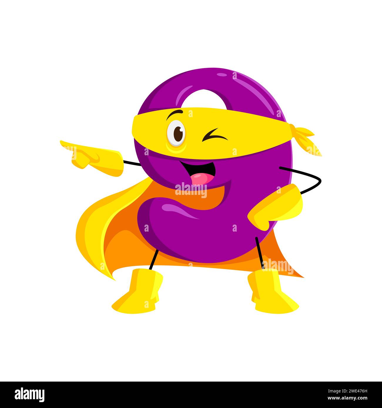 Cartoon math number nine superhero character wear yellow cape and mask ...