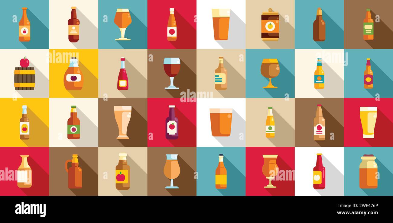 Apple cider icons set flat vector. Splash fruit drink. Orchard slice ...