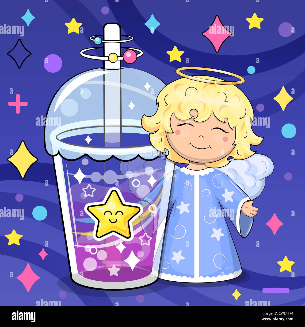 A cute cartoon angel is holding a big drink. Night vector illustration ...