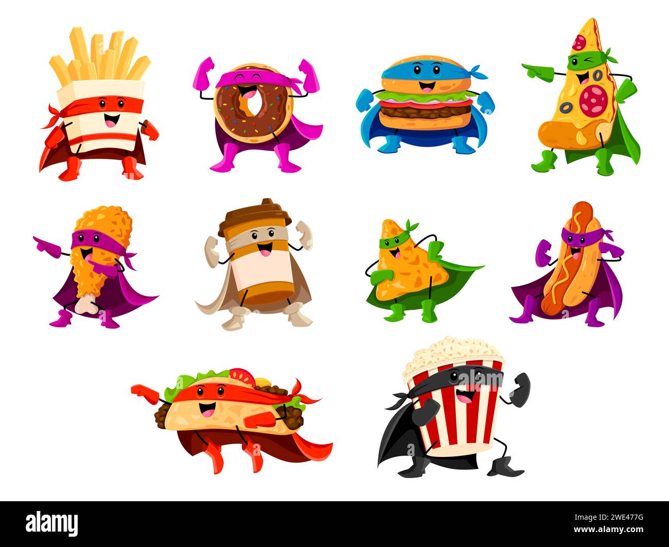 Cartoon fast food superhero characters. Vector comics personages french ...